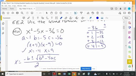 alg 1 mod 11 sec 6 v1 intro to the quadratic formula and problem when a