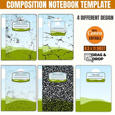 Canva Composition Notebook Cover Template 10 Editable Label Designs