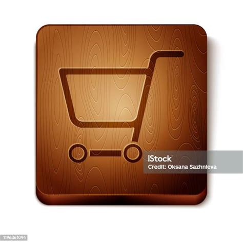 흰색 배경에 격리 된 갈색 쇼핑 카트 아이콘입니다 온라인 구매 개념입니다 배달 서비스 기호입니다 슈퍼마켓 바구니 기호입니다 나무 사각형 버튼입니다 벡터 일러스트레이션 가방에