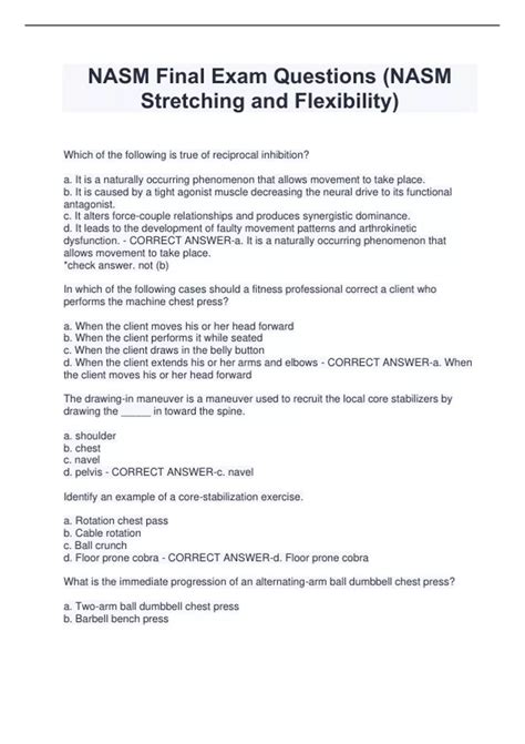 NASM Final Exam Questions NASM Stretching And Flexibility NASM Stretching Flexibility