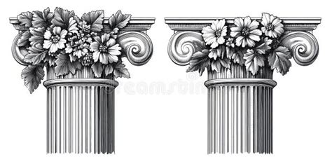 Intricate Representations Of Traditional Columns With Elaborate Floral Designs And Scroll