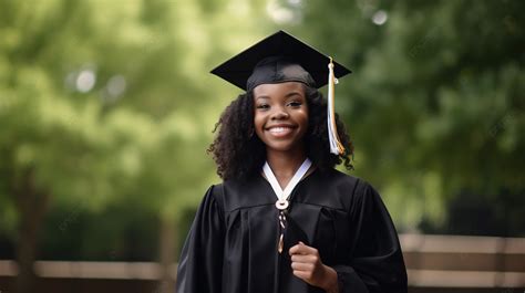 Young Black Female Graduate Smiles In Graduation Attire Background