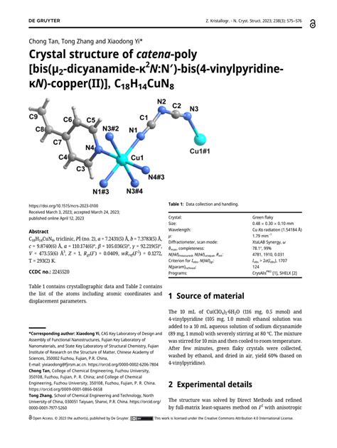 Pdf Crystal Structure Of Catena Poly Bisμ2 Dicyanamide κ Nn′ Bis4 Vinylpyridine κn Copper