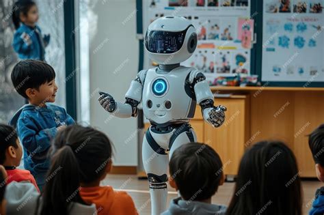 Robot Teacher Interacting With Students In Classroom Illustration Robot Teacher Interacting With Students In Classroom Illustration