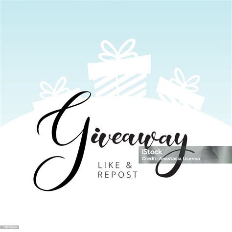 배너 배너 카드에 경품 문자 텍스트입니다 흰과 파란색 배경에 서예 단어 경품과 줄무늬 선물 상자 활 좋아요 또는 재게시를 위해 선물을 주는 광고 0명에 대한 스톡 벡터 아트