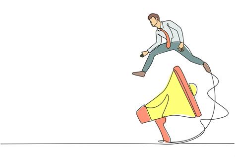Single One Line Drawing Businessman Jumping Over Big Megaphone