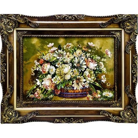 خرید و قیمت تابلو فرش دستبافت چله ابریشم طرح گل افقی سبد چوبی با قاب