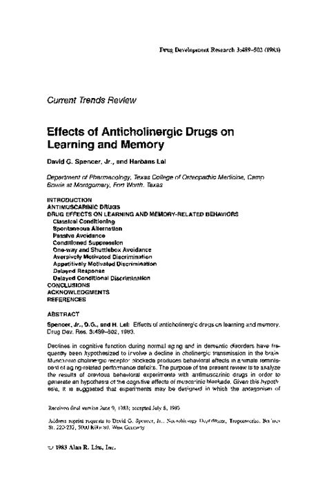 Pdf Effects Of Anticholinergic Drugs On Learning And Memory