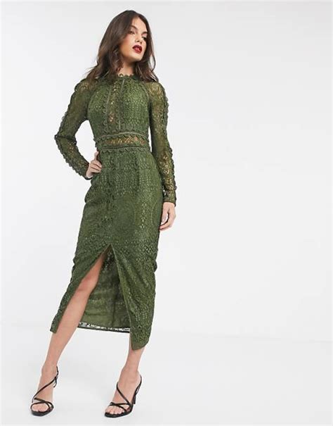 Asos Design Vestito Longuette A Maniche Lunghe In Pizzo Con Finiture