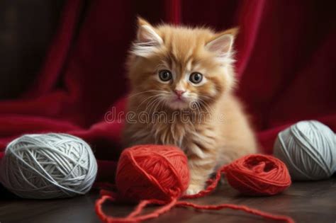 Adorable Fluffy Ginger Kitten Playing With Yarn Balls On Red Fabric