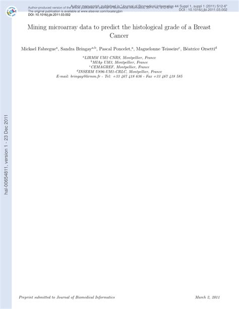 Pdf Mining Microarray Data To Predict The Histological Grade Of A Breast Cancer