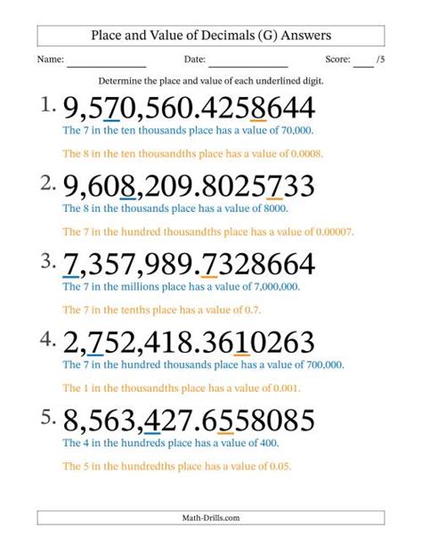 Determining Place And Value Of Decimal Numbers From Ten Millionths To