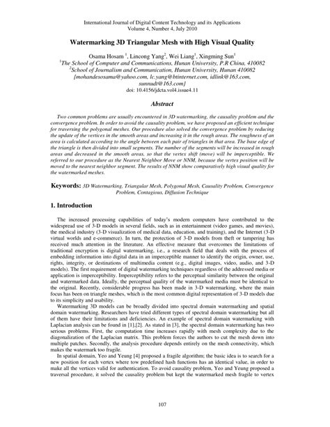 Pdf Watermarking 3d Triangular Mesh With High Visual Quality