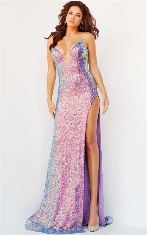 French Novelty Jovani 22822 Sequin High Side Slit Gown