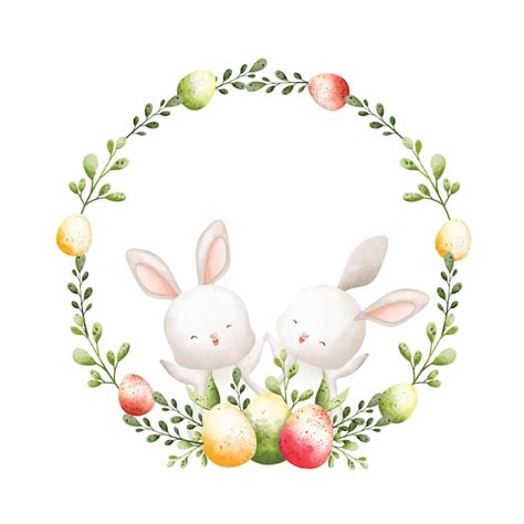Ilustración acuarela corona de pascua con conejo y huevos de pascua Vector Premium