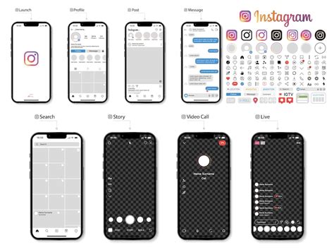 Instagram 화면 모형 세트 Instagram 소셜 미디어 템플릿 및 인터페이스 템플릿 프리미엄 벡터