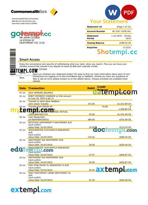 Doctempl Australian Commonwealth Bank Statement Months Example In Word And PDF Format