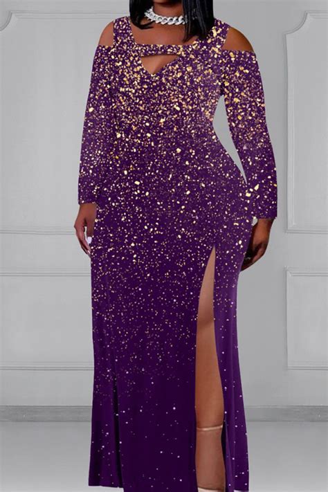 Xpluswear Plus Size Purple Hollow Out Shiny High Split Long Sleeve Maxi