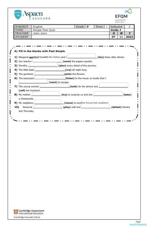 Simple Past Regular Verbs Quiz Interactive Worksheet Topworksheets
