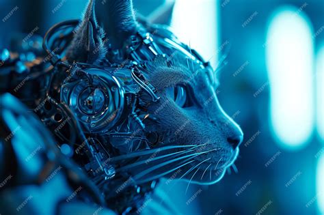 Portrait Of A White And Blue Cybernetic Cat Close Up Premium Ai Generated Image