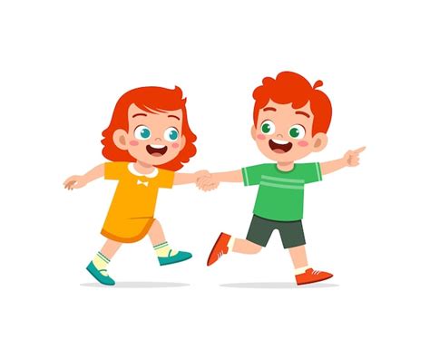 손을 잡고 함께 걷는 어린 아이 프리미엄 벡터
