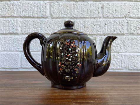 Vintage Brown Betty Redware Moriage Hand Painted Floral Teapot Hand