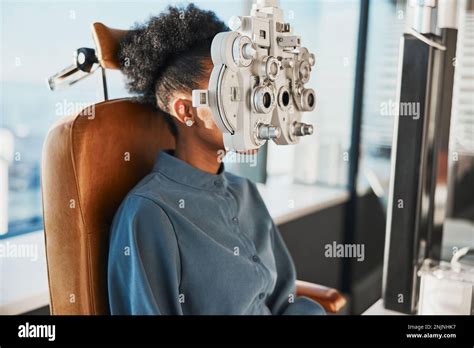 Healthcare Test Eye Exam And Black Woman In Optometry Clinic For