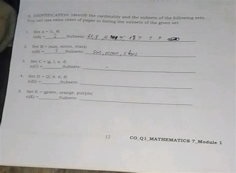 B Identification Identify The Cardinality And The Subsets Of The Following Sets You Can Use