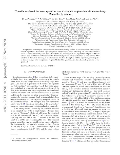 Pdf Tunable Trade Off Between Quantum And Classical Computation Via Non Unitary Zeno Like Dynamics