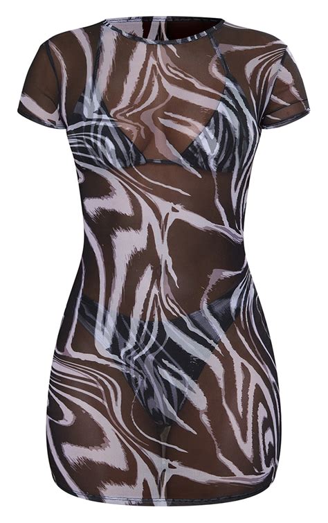 Monochrome Zebra Swirl Print Bodycon Beach Dress Prettylittlething