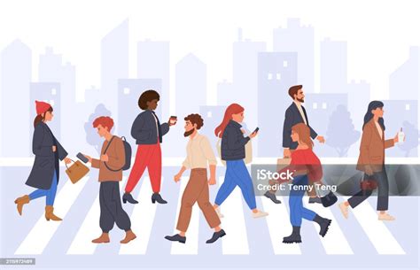 횡단보도의 보행자 다양 한 사람들이 도로를 건너고 남성과 여성 캐릭터가 거리를 걷고 있습니다 플랫 벡터 일러스트 레이 션 세트 행인 걷기 컬렉션 사람들에 대한 스톡 벡터