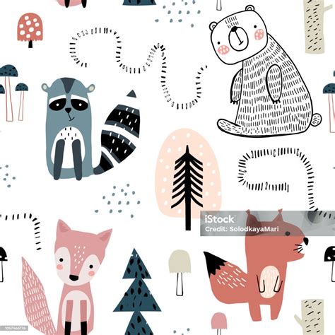 귀여운 캐릭터와 손으로 그린 요소 Semless 숲 패턴입니다 Scandinaviann 스타일 보육 장식 의류 섬유 직물에 대 한 유치 한 텍스처 벡터 일러스트 레이 션 0