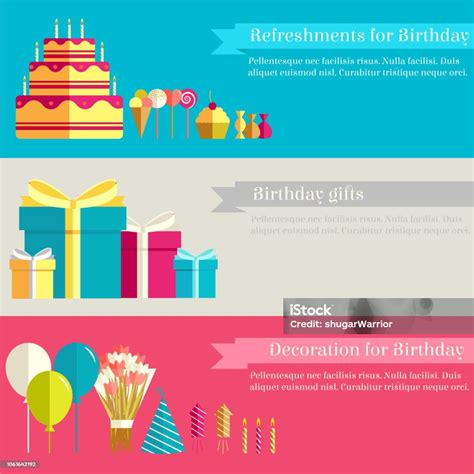 평평한 색종이 아이콘 세트와 함께 행복 한 생일 축제 배경 파티와 축 하 요소 풍선 색종이 음료 개념 디자인 웹 및 모바일 응용 프로그램에 대 한 그림 서식 파일 공휴일에