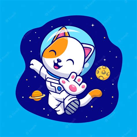 Premium Vector Cute Cat Astronaut Floating In Space With Planet And
