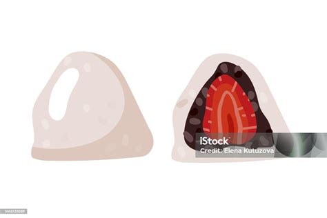 딸기 떡 팥소 떡을 곁들인 딸기 다이후쿠 전통적인 일본 디저트 건강 하 고 달콤한 간식과 플랫 벡터 그림입니다 다이후쿠는 일본