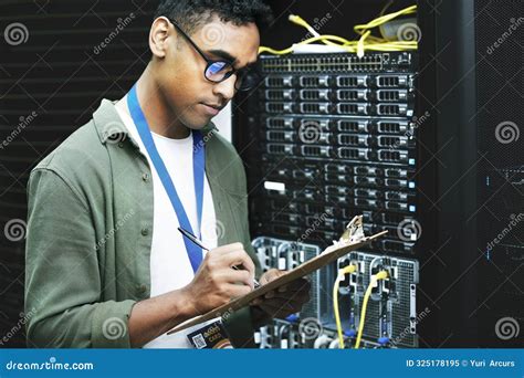 Data Center Man And Computer Engineer With Checklist Writing And