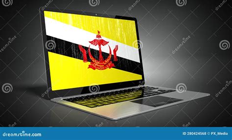 brunei country flag and binary code on laptop screen stock