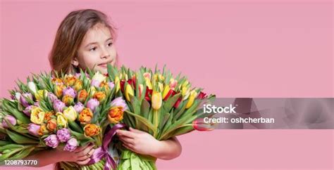 분홍색 배경에 고립 된 봄 꽃 튤립의 꽃다발을 들고 귀여운 미소 아이 소녀 어린 유아 소녀는 엄마에게 꽃다발을 제공합니다