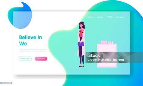 의학 직업 직업 웹 사이트 방문 페이지 병원에서 청진기 들고 노트북 의료 가운에서 여성 의사 의료 직원 작업 웹 페이지 배너 만화 플랫 벡터 일러스트 간호사에 대한 스톡