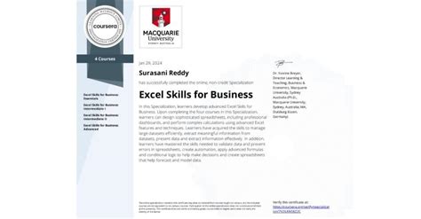 Completion Certificate For Excel Skills For Business Ashok Kumar Reddy Surasani