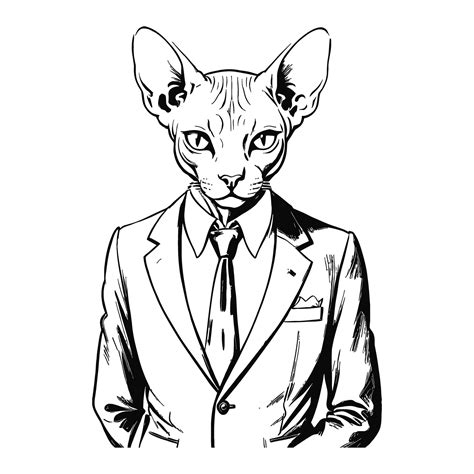 Anthro Humanoid Sphynx Cat Wearing Business Suite Old Retro Vintage Engraved Ink Sketch Hand