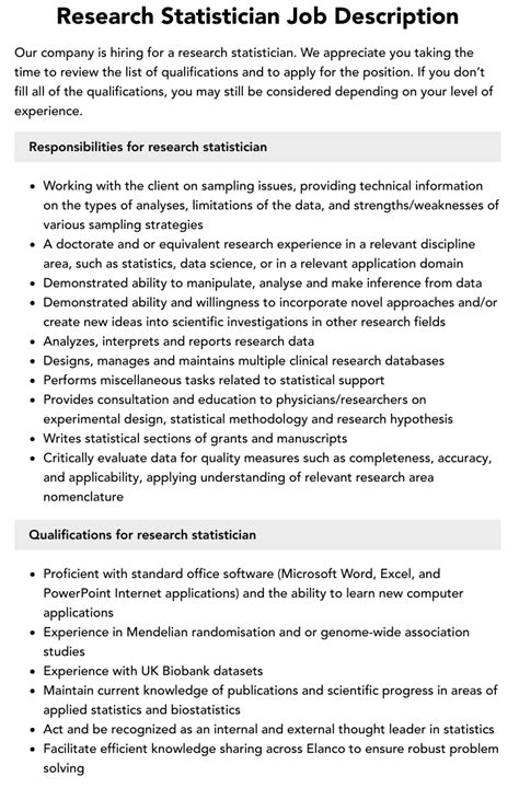 Research Statistician Job Description Velvet Jobs