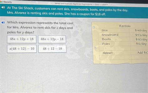 I Ready Write And Evaluate Algebraic Expressions Quiz Level F At