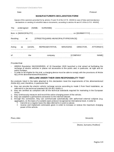 Manufacturers Declaration Doc Template Pdffiller