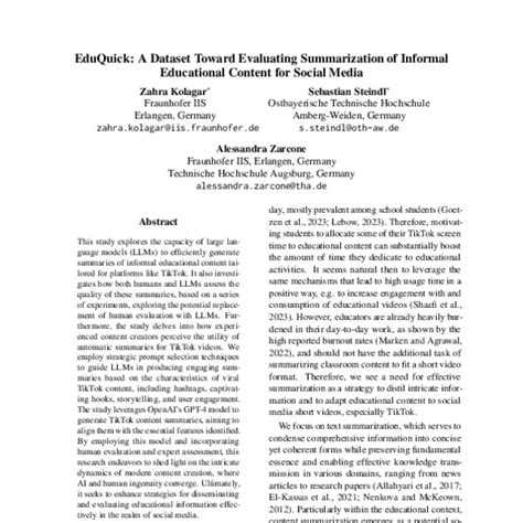 Eduquick A Dataset Toward Evaluating Summarization Of Informal Educational Content For Social