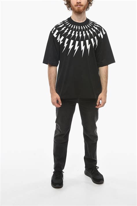 Neil Barrett Cotton Fair Isle Thunderbolt Easy Fit T Shirt Men