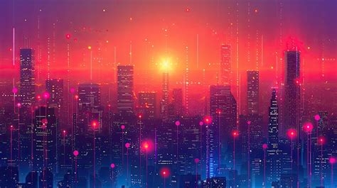 Premium Photo Futuristic Cityscape At Sunrise With Digital Data Overlay