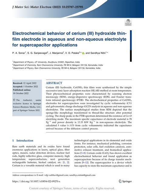 Electrochemical Behavior Of Cerium Iii Hydroxide Thin Film Electrode In Aqueous And Non