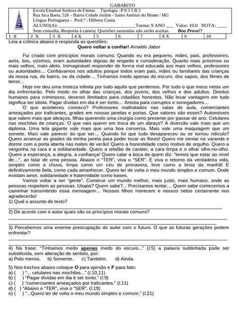 Gabarito De Língua Portuguesa 9º Ano Pdf