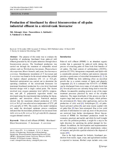 Pdf Production Of Bioethanol By Direct Bioconversion Of Oil Palm Industrial Effluent In A